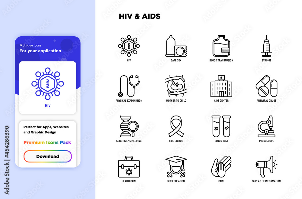 HIV and AIDs thin line icons set. Safe sex, blood transfusion, syringe ...
