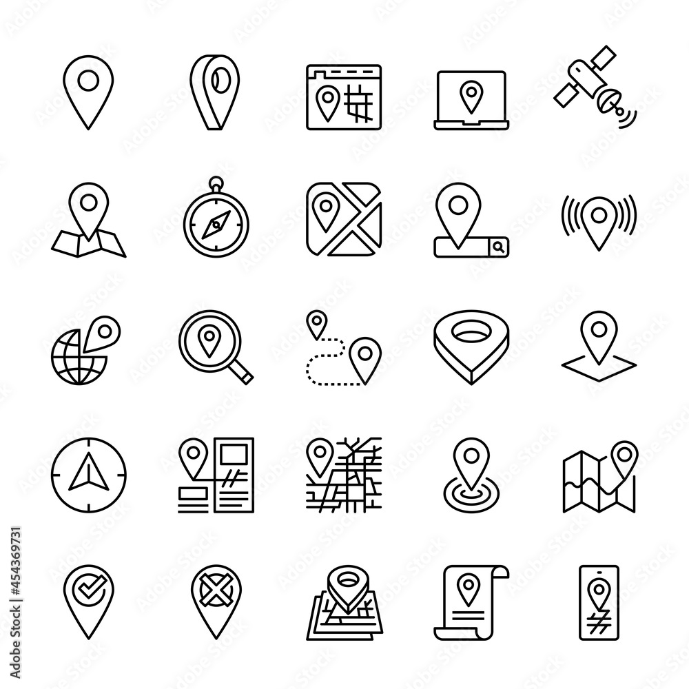 Wayfinding, map pin, location, outline icon set, vector illustration ...