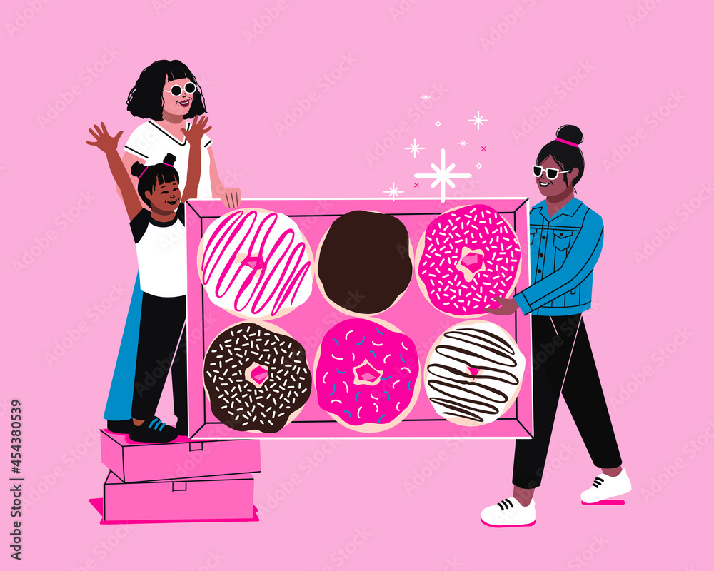 Family eating donuts together. Happy queer family with doughnut box ...