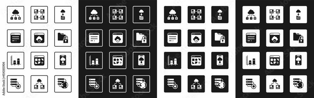 Set Cloud technology data transfer, Browser window, Folder and lock, Hierarchy organogram chart ...