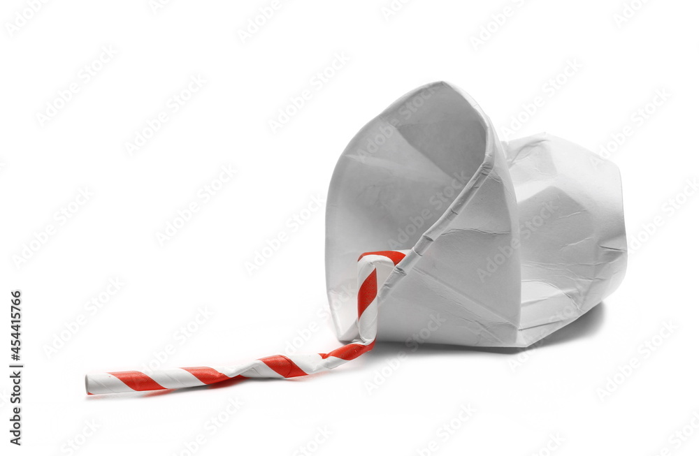 Disposable crumpled, paper cup and drinking straw for throwing away and ...