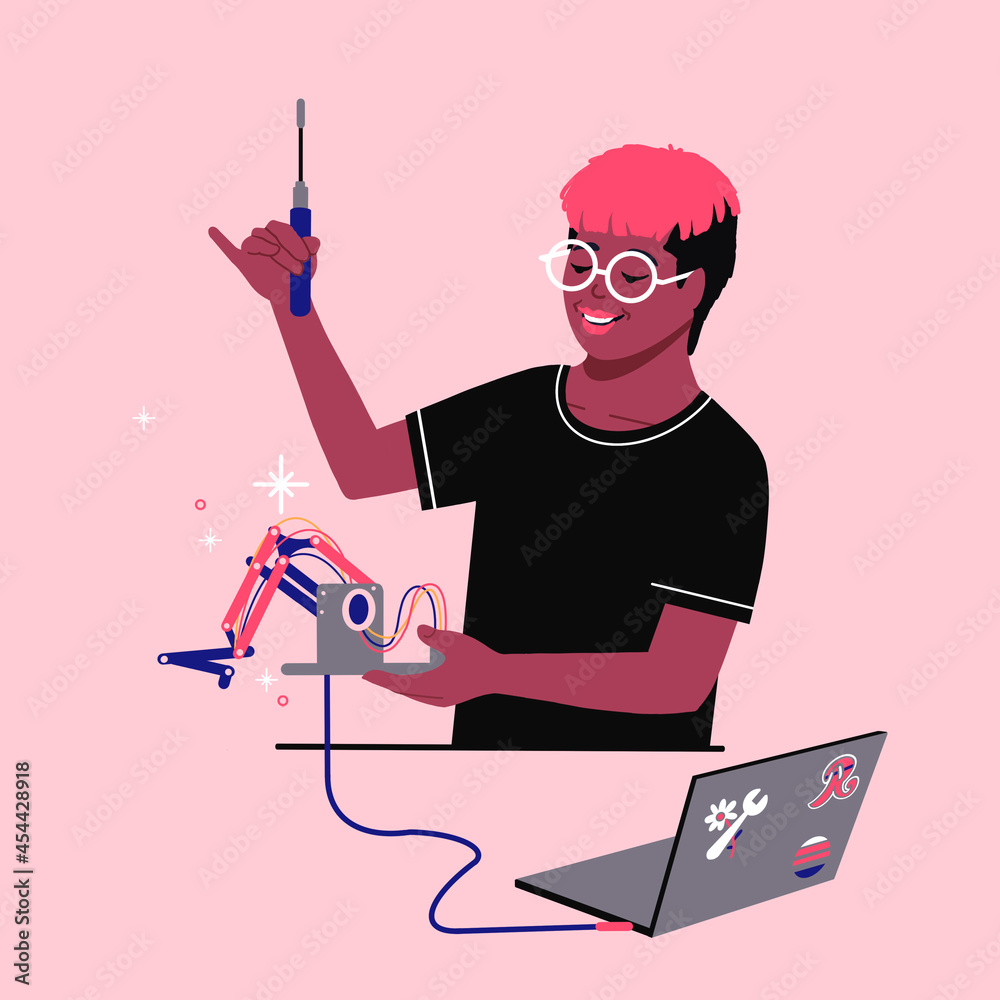Robotics engineer with robot. non-binary engineer coding robots ... Robotics engineer with robot. non-binary engineer coding robots ...