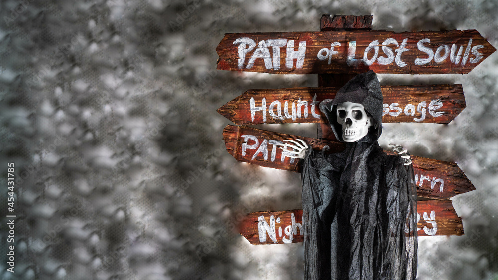 Death arranged in front of wooden signs indicating different paths, all ...