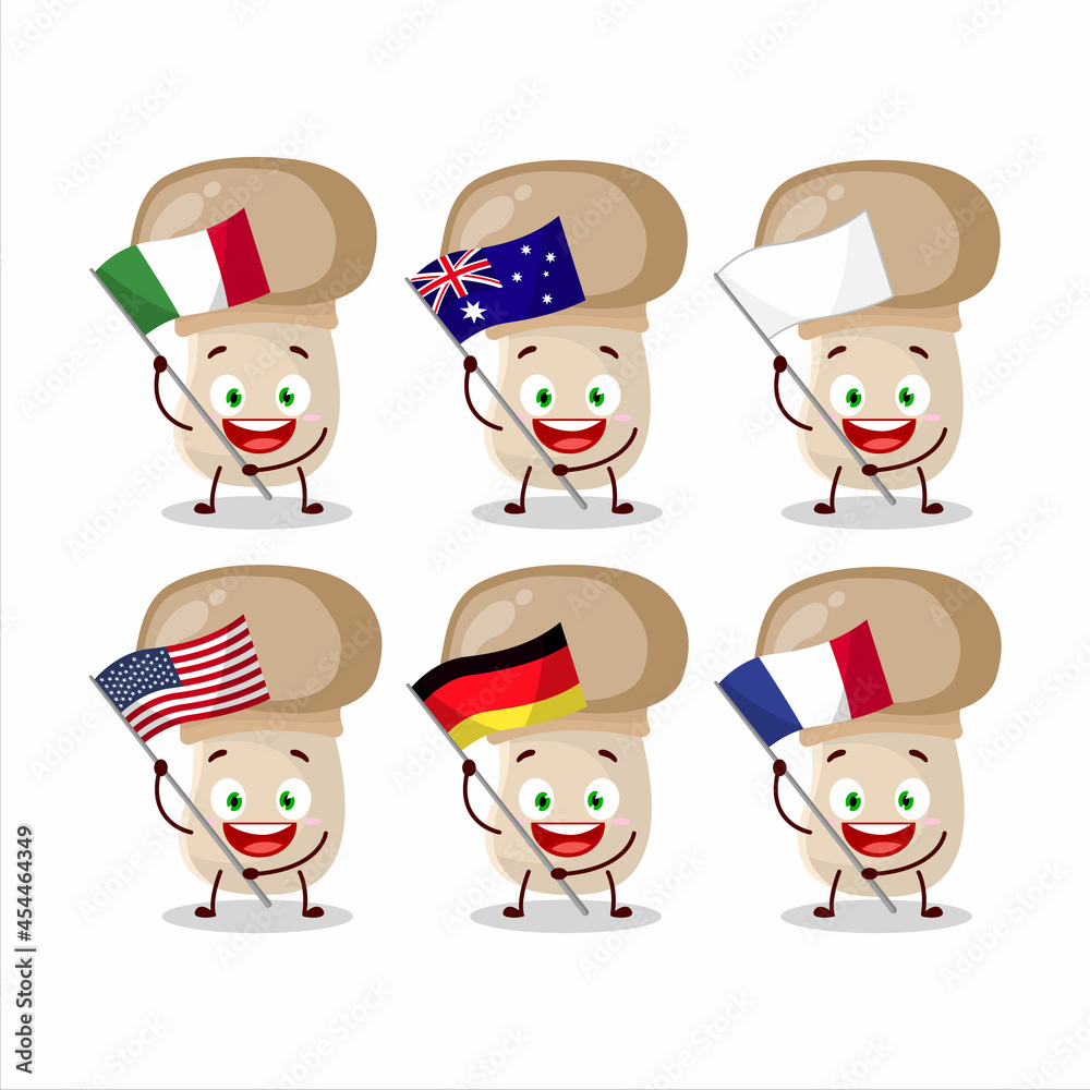 Button Mushroom Cartoon Character Bring The Flags Of Various Countries