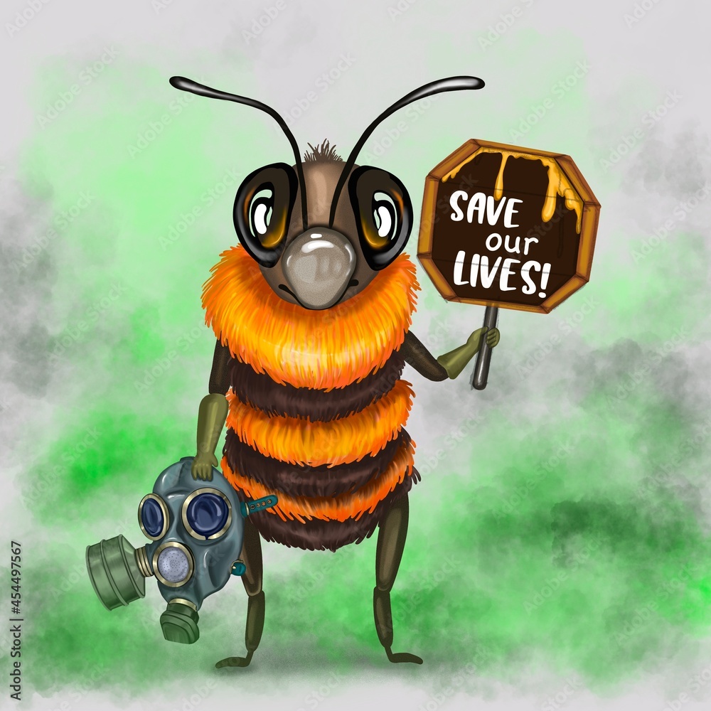 Cartoon bee poster. Graphic poster of a cartoon bee character in dust ...