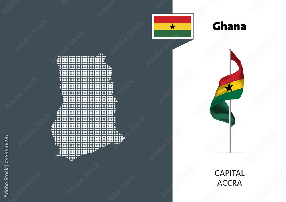 Flag of Ghana on white background. Dotted map of Ghana with Capital ...