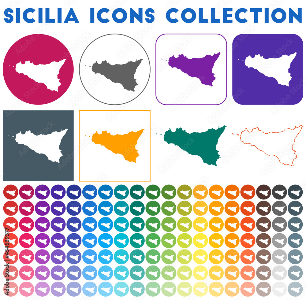 Sicilia icons collection. Bright colorful trendy map icons. Modern ...