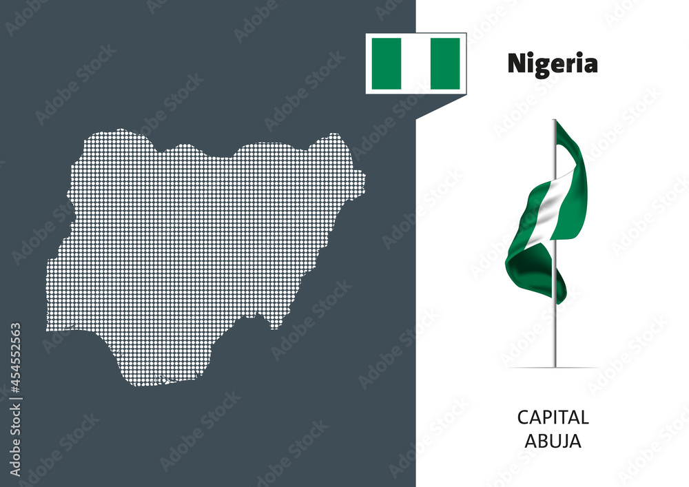Flag of Nigeria on white background. Dotted map of Nigeria with Capital ...