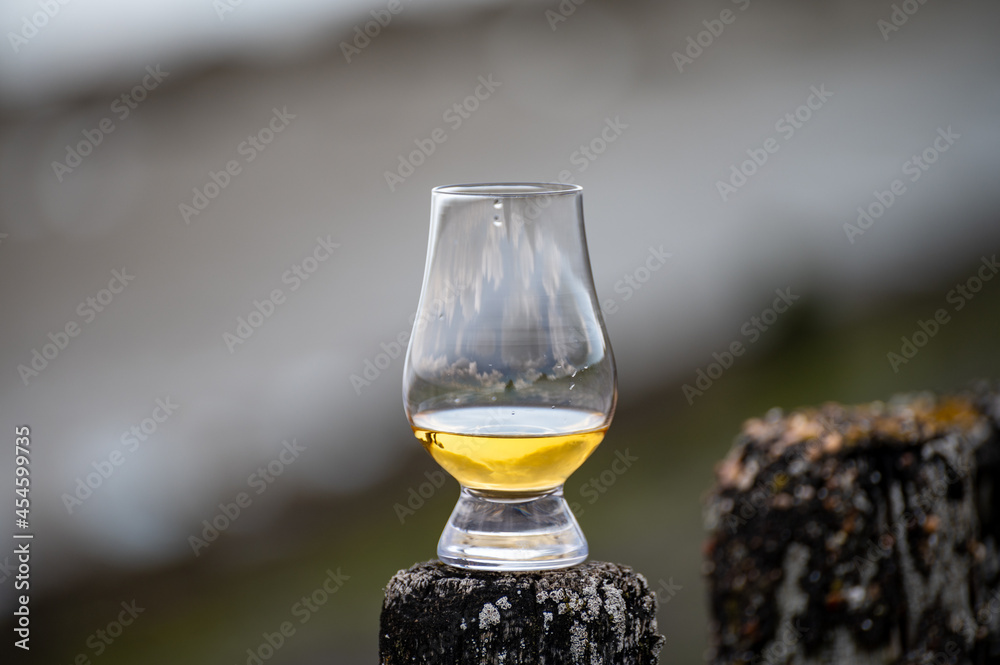 Tasting of dram single malt scotch whisky on seashore in Scotland, old ...