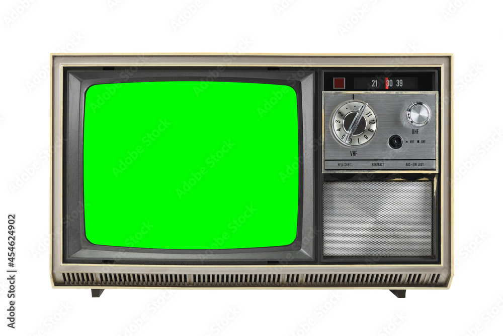 Old vintage 1970s TV with green screen for adding video isolated on ...