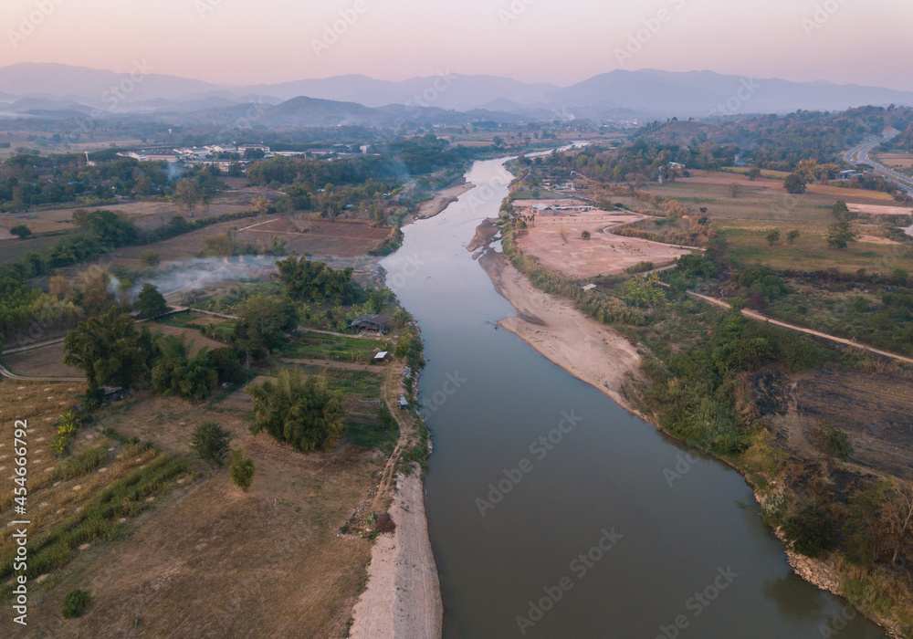 Aerial view of the landscape with Kok river a river flowing out of the ...