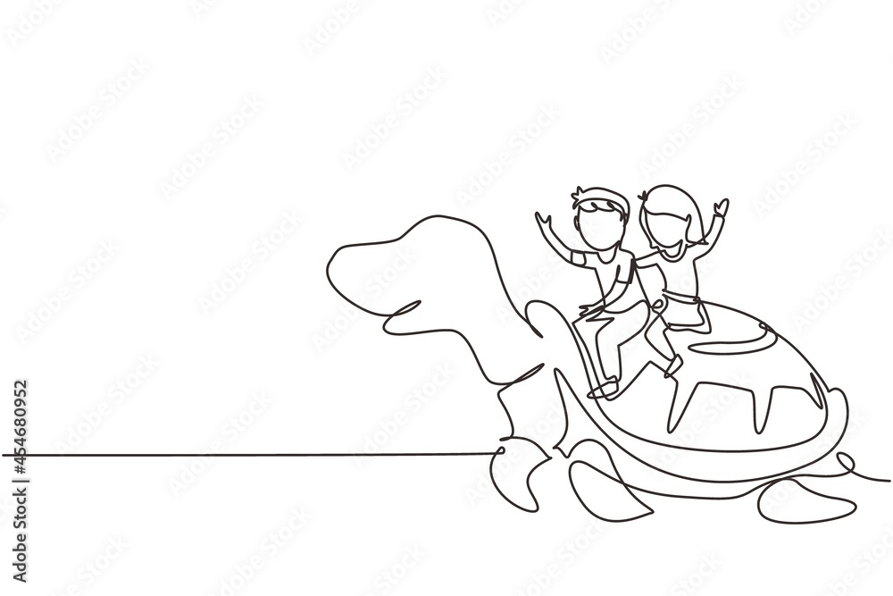 Continuous one line drawing little boy and girl riding sea turtle ...