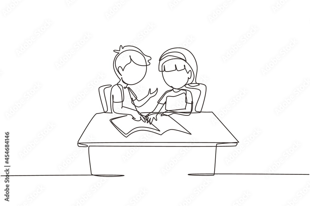 Continuous one line drawing children pupils studying together while boy ...