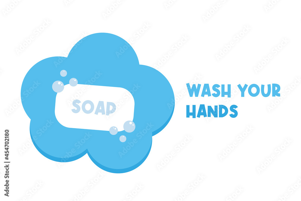 Wash your hands vector cartoon style card, illustration with bar of ...