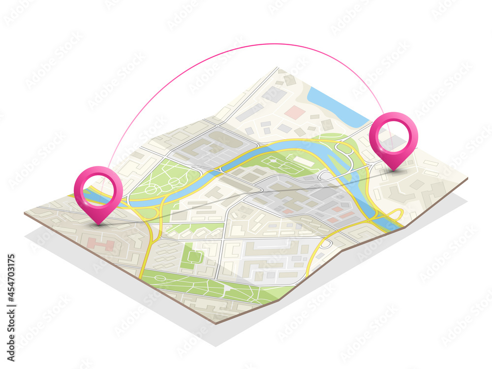 Isometric city map navigation, point markers background, 3d flat ...
