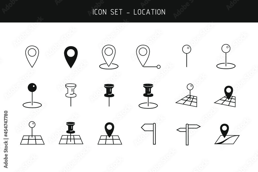 location icon set. navigation. location symbols. vector thin line. map pointer. destination ...