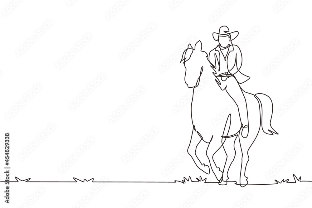 Single continuous line drawing cowboy silhouette riding horse at sunset ...