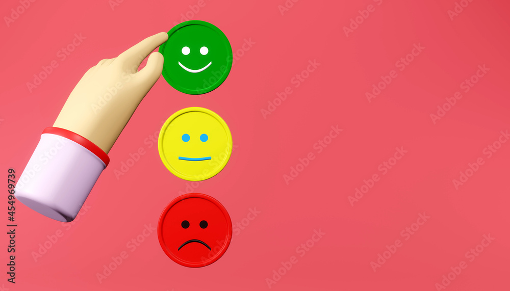 Client giving smile face feedback on red background. Customer ...