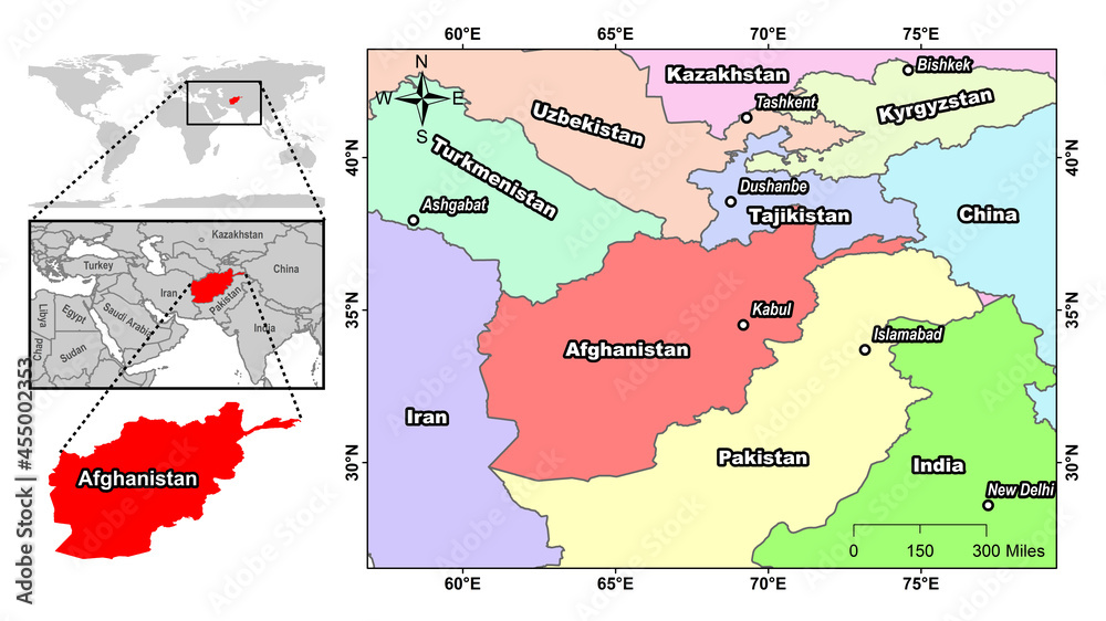 Afghanistan location map, countries sharing borders and capitals Stock ...