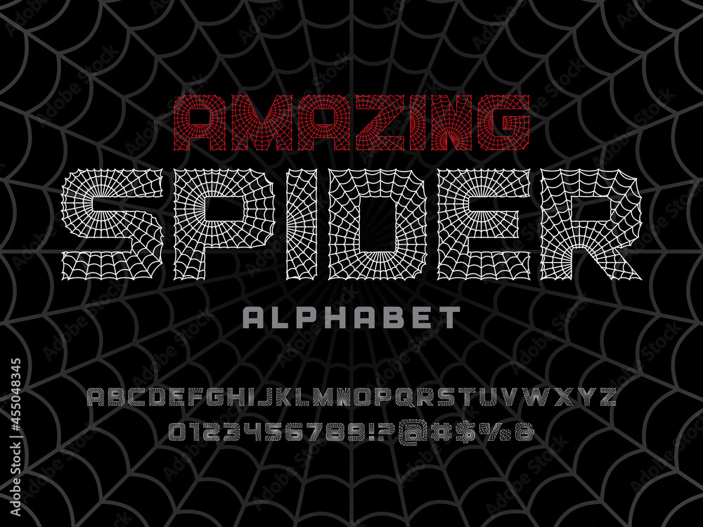 Spider web alphabet design with uppercase, numbers and symbols Stock ...