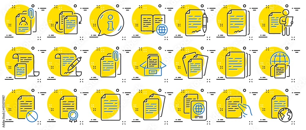 Documents line icons. Copy files, Contract agreement, Passport. CV interview, documents workflow ...