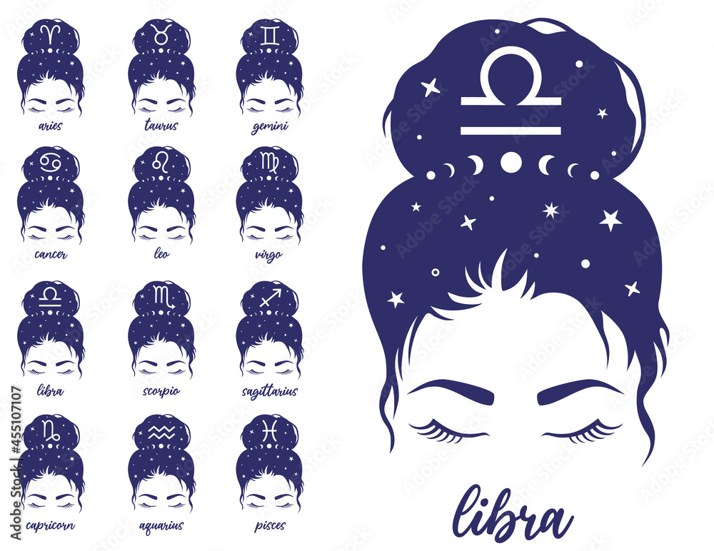 Astrological zodiac symbols with messy bun. Vector female faces with ...