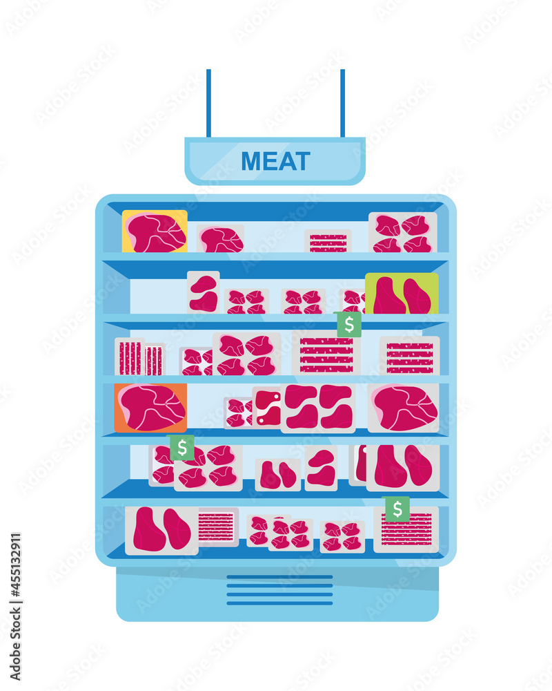 Meat refrigerator for supermarket semi flat color vector object. Full ...