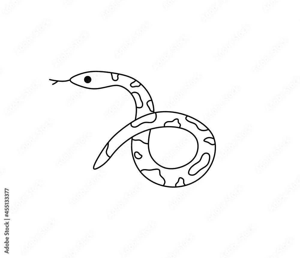Vector isolated the coiled snake black line contour drawing. Spotted ...