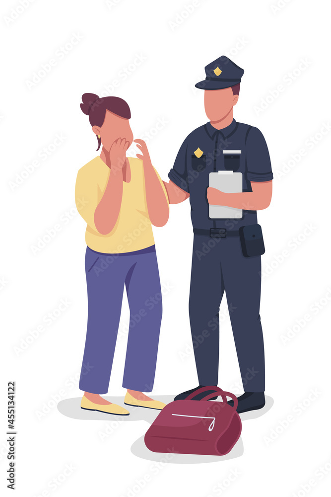 Policeman takes statement from victim semi flat color vector characters ...