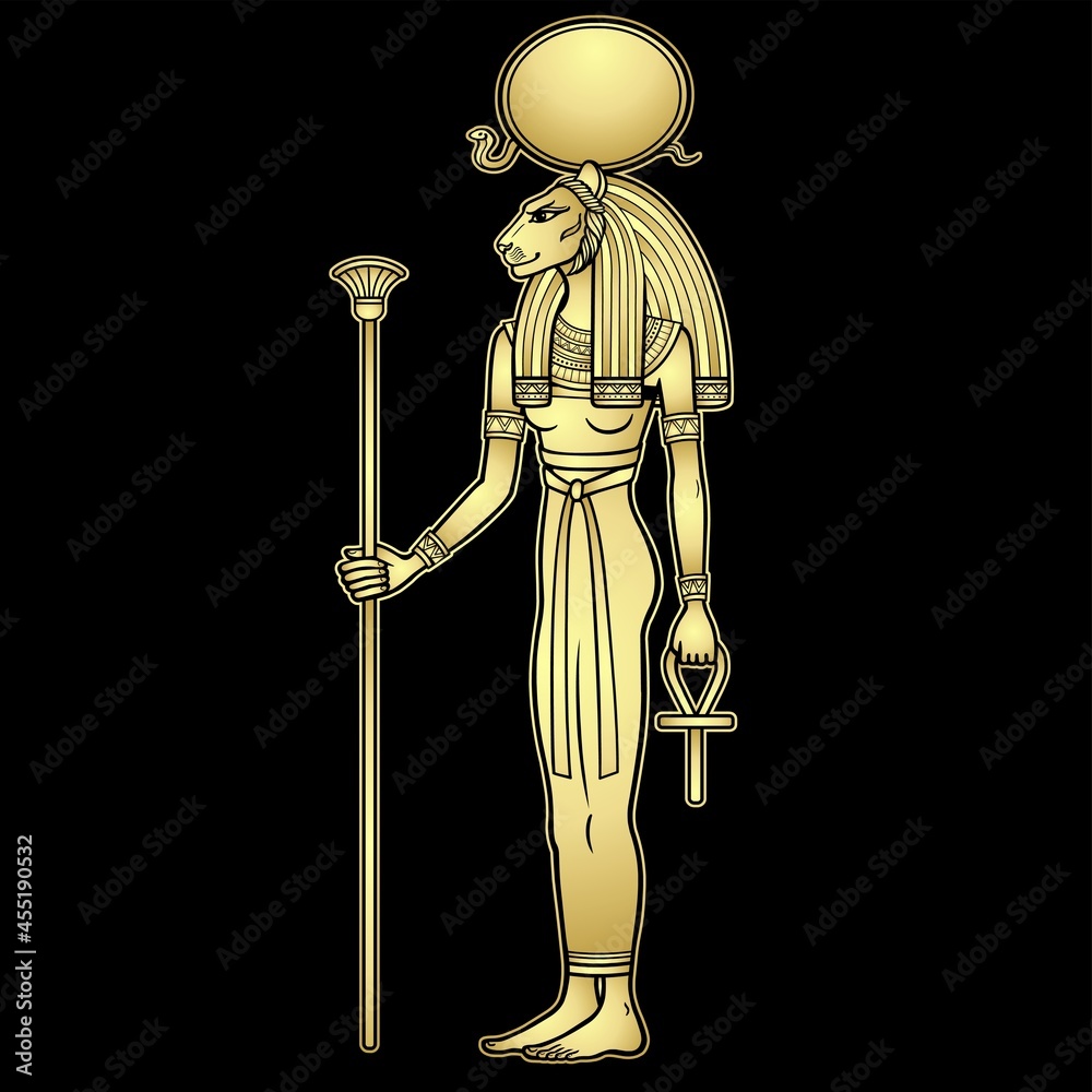 Animation portrait Ancient Egyptian goddess Sehmet (Tefnut) holds ...