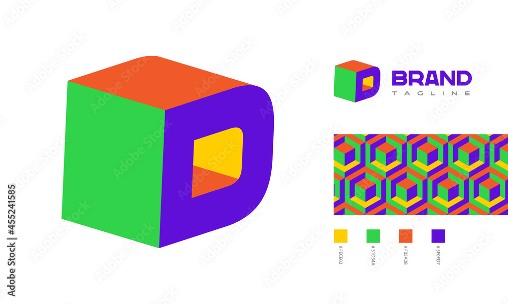 3D letter D Logo corner view with pattern and colour code swatches for ...