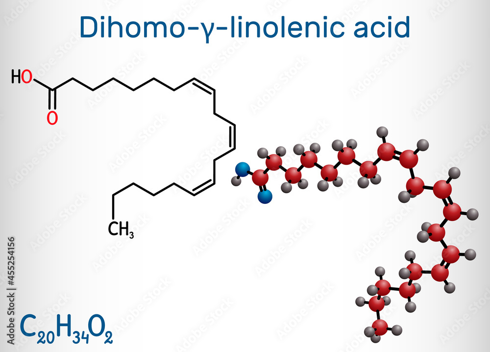 Dihomo-γ-linolenic acid (DGLA) molecule. It is Omega 6, polyunsaturated ...