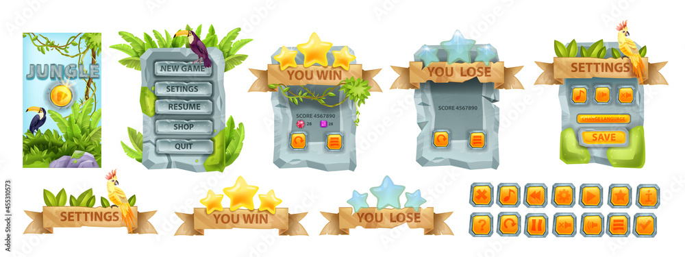 Jungle UI game vector set, tropical stone menu background kit, yellow ...