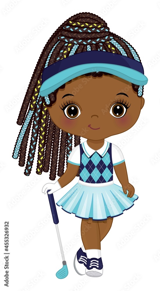 Cute Little African American Girl Playing Golf. Vector Little Girl ...
