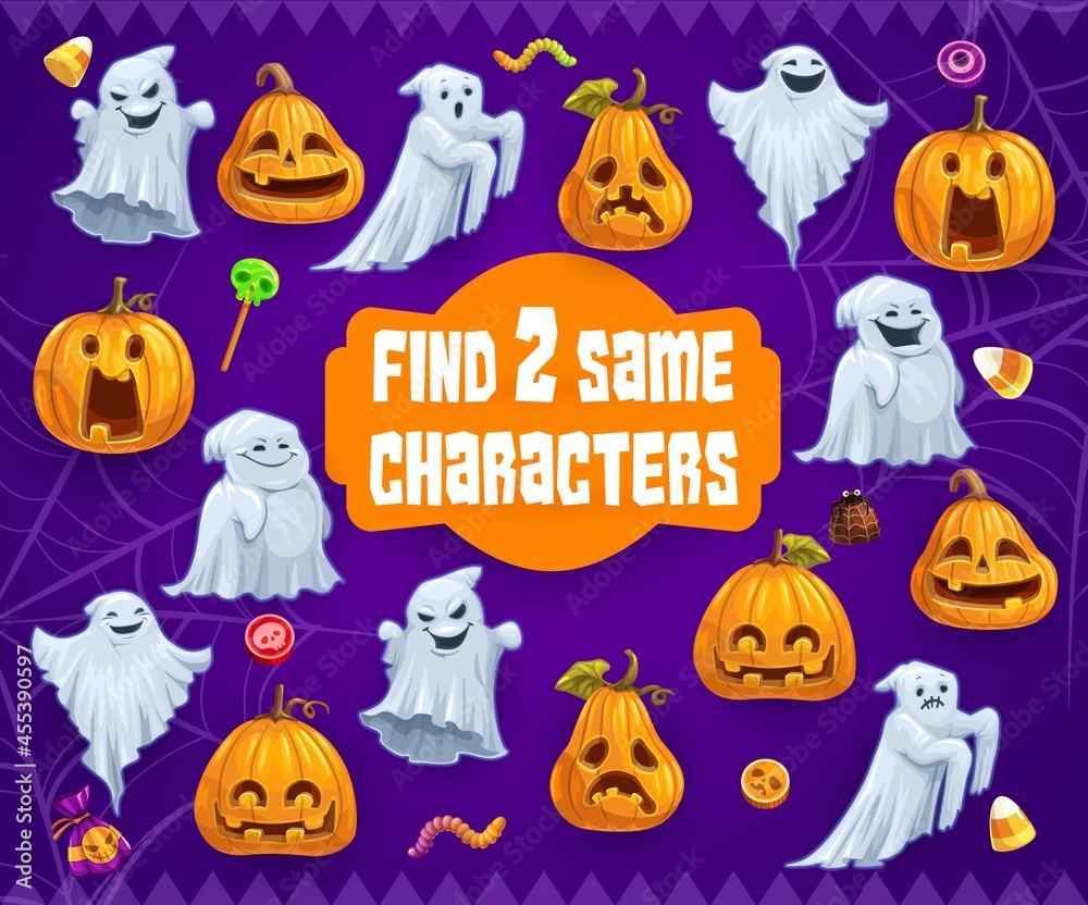 Halloween kids riddle game find two same ghosts and pumpkins vector ...