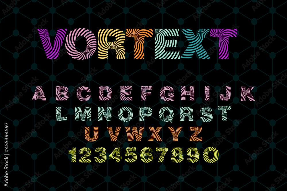 Stylized vortex vector font design. Isolated modern english alphabet letters. Creative beautiful ...