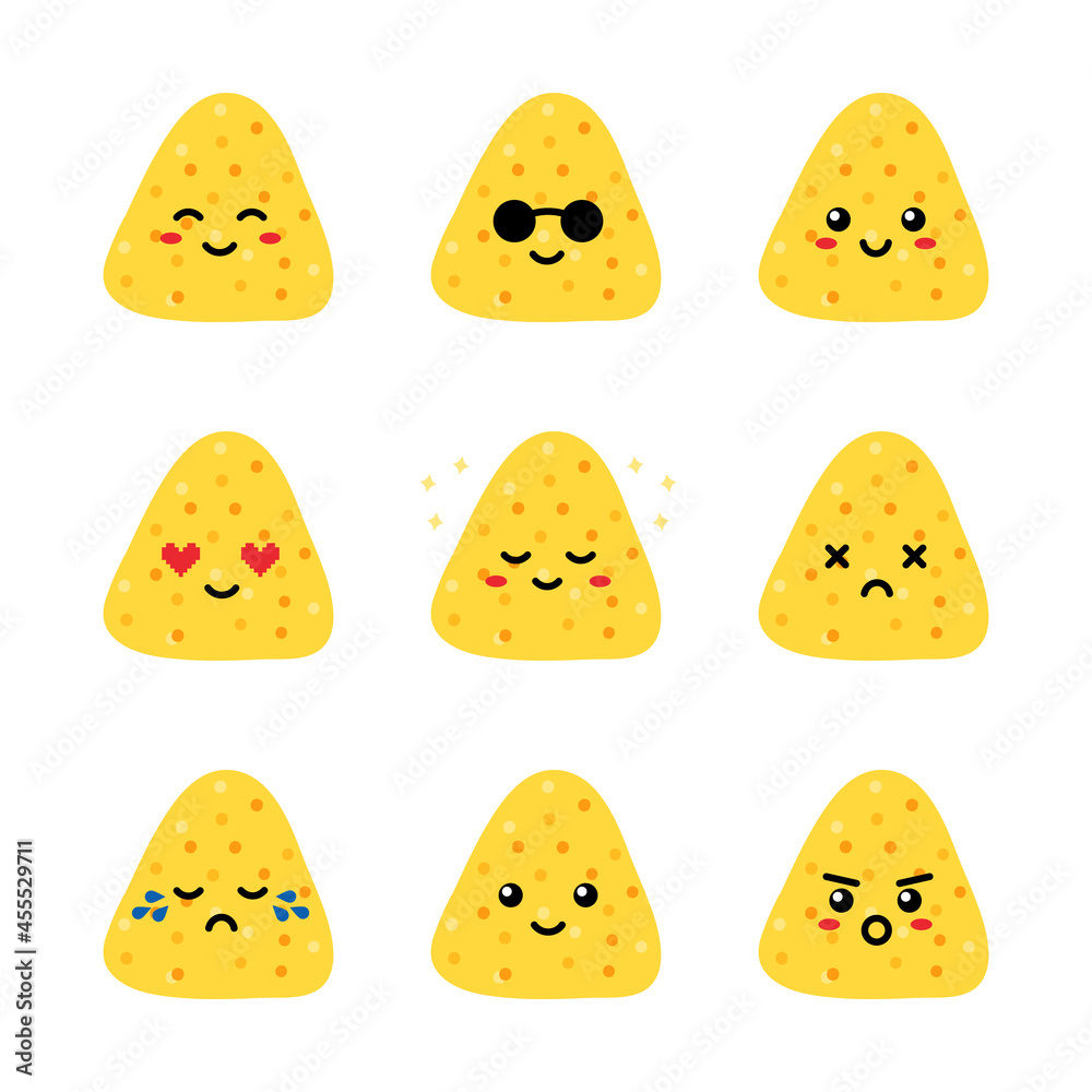 Set, collection, pack of nacho chips emoji, vector cartoon style icons ...