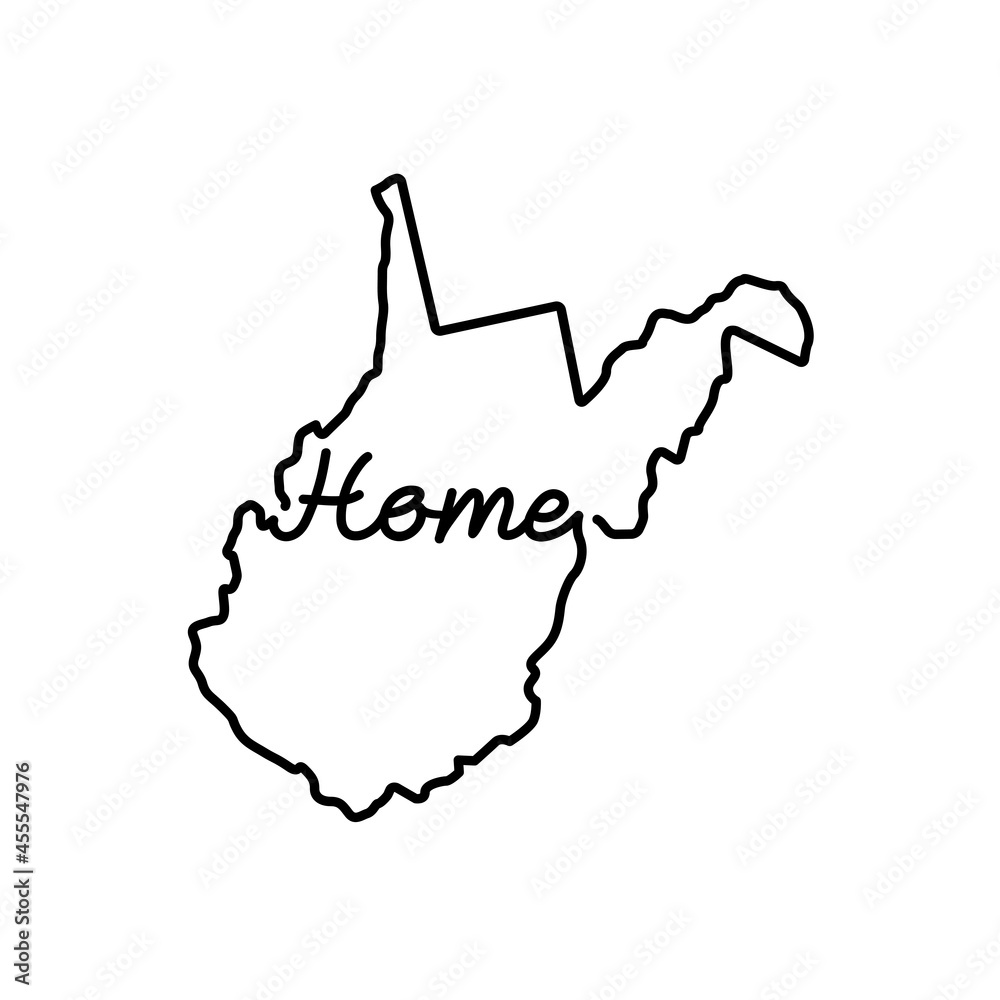 West Virginia US state outline map with the handwritten HOME word ...