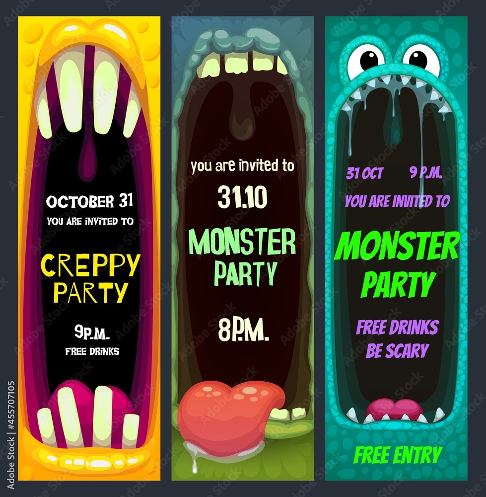 Halloween monster party vector invitations in cartoon frames of open ...