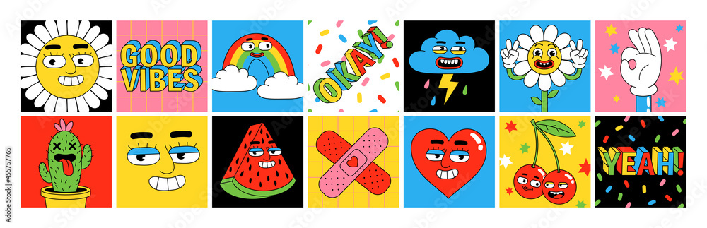 Funny cartoon characters. Sticker pack, square posters, prints in ...