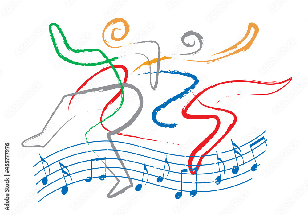 Lively dancing people, folk dance symbol with music notes. Expressive ...