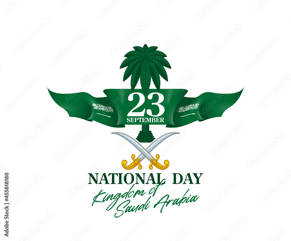 91 Saudi Arabia national day logo with green flag and state seal Emblem ...