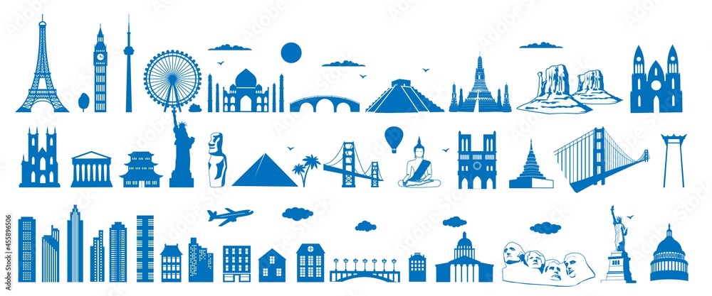 World famous architecture landmarks silhouettes, vector illustration ...