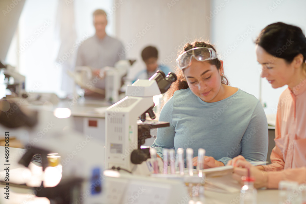 Female teacher and girl student conducting scientific experiment at ...