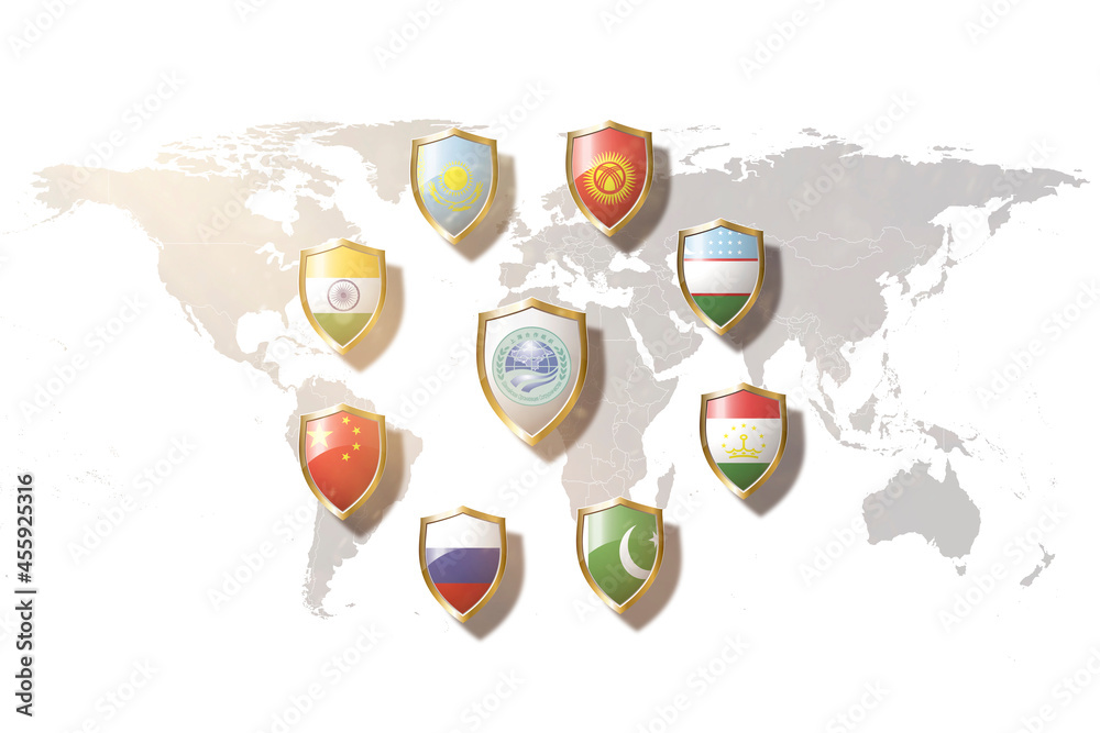 Shanghai Cooperation Organization (SCO) countries flags in golden ...