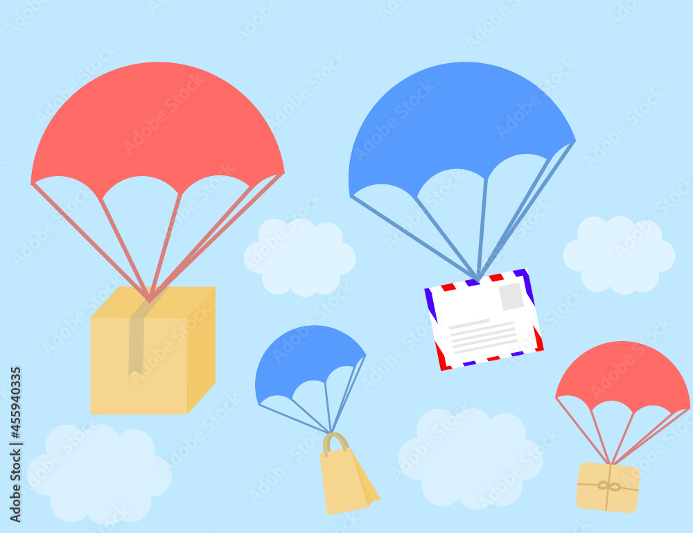 Delivery services.Parcel boxes, envelopes, bags and mail flying by ...