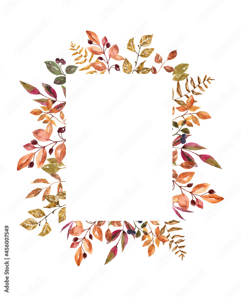 Fall leaves vertical rectangle frame. Watercolor floral border. Autumn ...