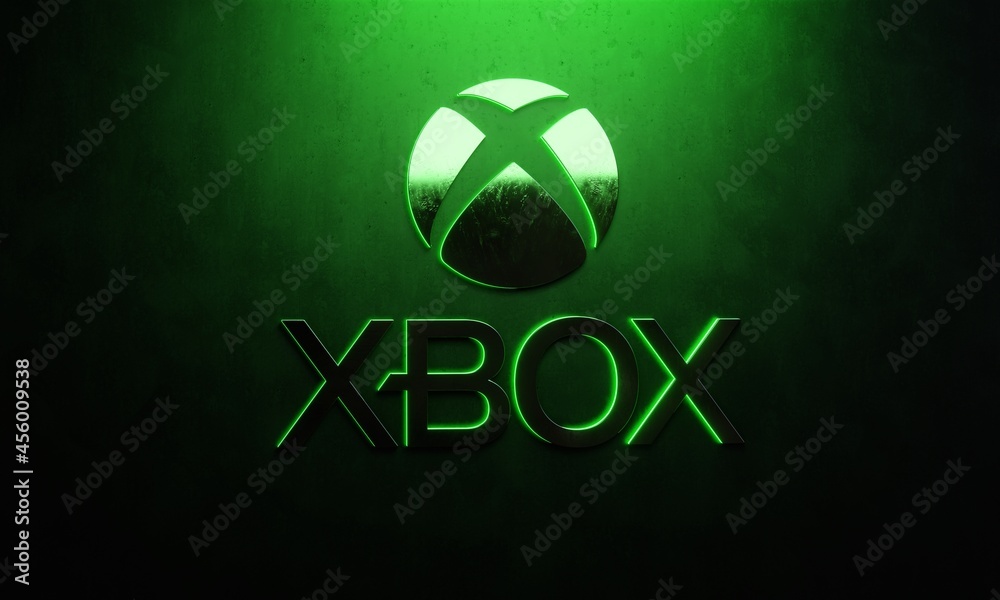 Illustrazione stock di Three-dimensional Xbox logo against dark backdrop with neon green ...