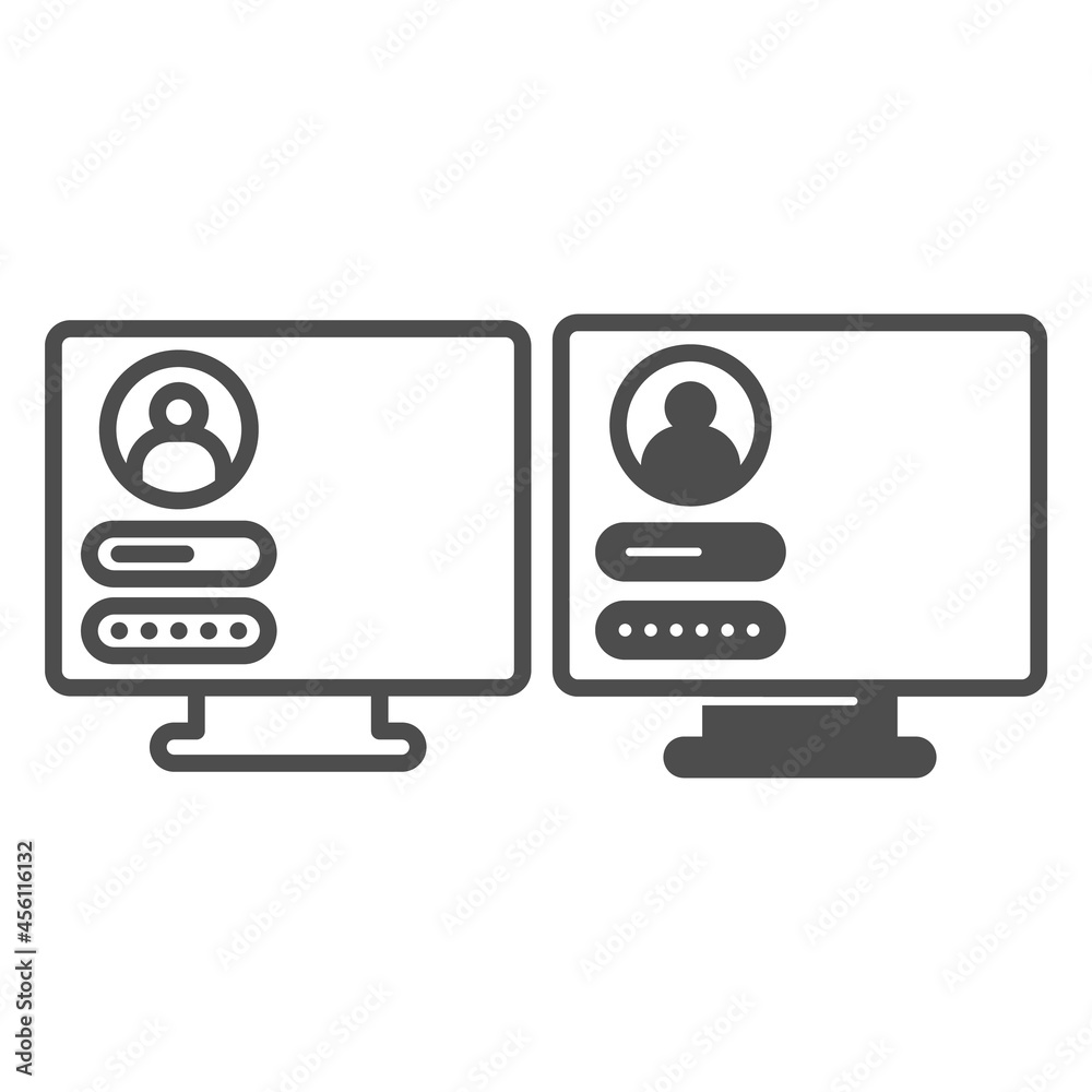 Monitor monoblock with user login page line and solid icon, computer ...