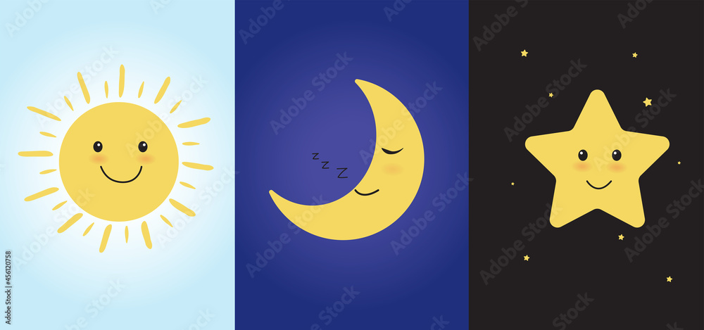 Cute sun and star smiling cartoon characters. Moon sleeping on dark ...
